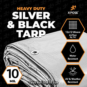 Heavy Duty Poly Tarp - 8' x 10' - 10 Mil Thick Waterproof, UV Blocking Protective Cover - Reversible Silver and Black - Laminated Coating - Grommets - by Xpose Safety