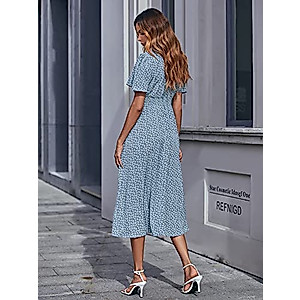 Floerns Women's Short Sleeve Boho Floral Dress A Line Smocked Midi Dress A Blue L