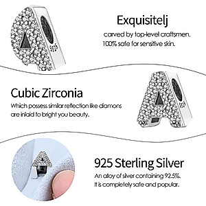 Pandach 925 sterling Silver Letters Charms A-Z Alphabet Beads with Cubic Zircons Charm Beads Pendants fit for European Bracelets Necklace Women Jewelry Gift Options