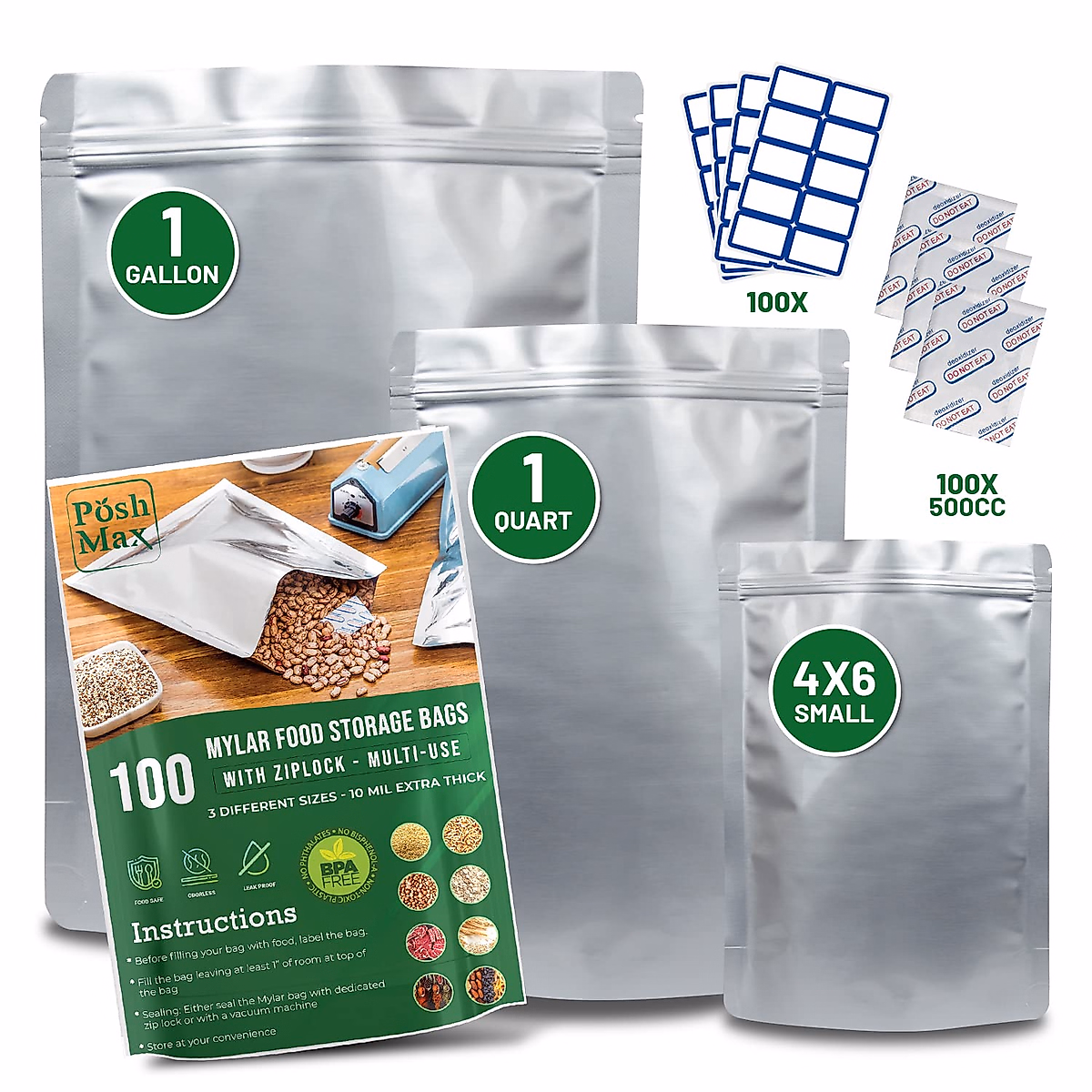 PoshMax Resealable Mylar Bags - Extra Thick Mylar Bags for Food Storage in 3 Sizes, Gallon, Quart and Small | Food Safe Mylar Ziplock Bag with Oxygen Absorbers for Food Storage 500cc | 100 Pack