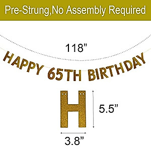 HAPPY 65TH BIRTHDAY Banner，Pre-strung，No Assembly Required，65th Birthday Party Decorations Supplies，Gold Glitter Paper Garlands Backdrops, Letters Gold Betteryanzi