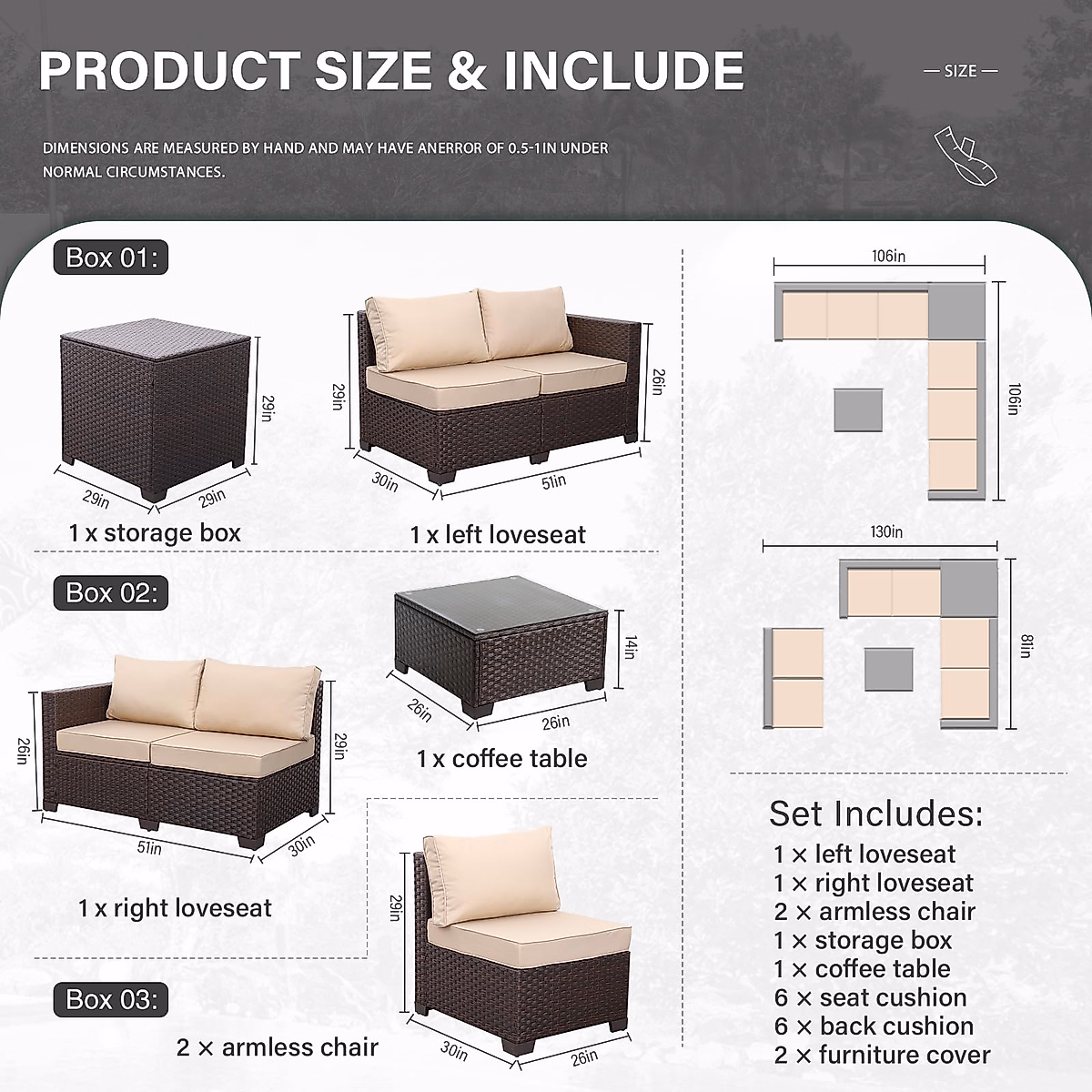 6 Pieces Patio PE Wicker Furniture Set Outdoor Brown Rattan Sectional Conversation Sofa Chair with Storage Table and Beige Cushions