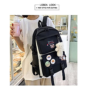 MOJIDUO 5Pcs Set Kawaii Backpack with cute plush Pendants & Badge,19 gallon capacity School Bag Cute Aesthetic Backpack