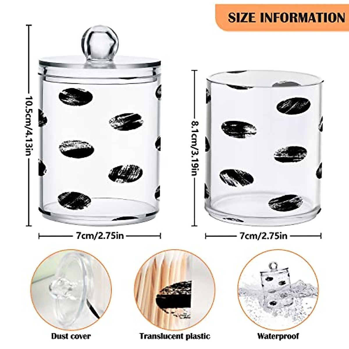 Kigai 2PCS Cotton Swabs Organizer Black Polka Dot Qtip Holder Dispenser with Lid Apothecary Jar Set, Reusable Clear Plastic Cans for Tea Coffee Dry Food, Cotton Pads Vanity Makeup Storage