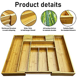 ZHOMA Bamboo Expandable Kitchen Drawer Organizer for Utensils Holder - Silverware Organizer/Utensil Holder and Cutlery Tray with Grooved Drawer Dividers - Natural