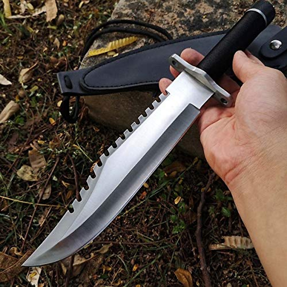 HOLYEDGE 13" Fixed Blade Knife with Half Serrated Edge and Compass Handle - Best Camping,Hunting,Fishing,Hiking Tactical Survival Knife