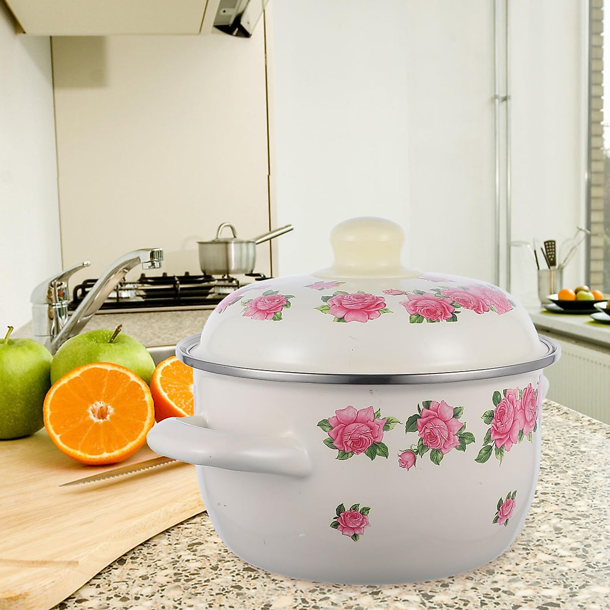 VOSAREA Enamelware Pot, 18cm Enamel Stockpot with Lid Floral Retro Cooking Pot Simmer Pot Deep Enamelware Soup Pot for Home Restaurant 2L