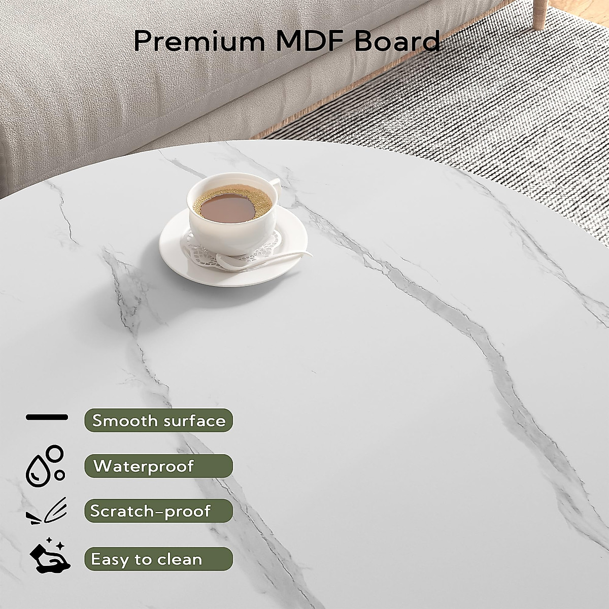 Yusong Round Coffee Table for Living Room, Farmhouse Circle Coffee Table with Storage Shelf, 2-Tier Modern Center Table with White Faux Wooden Tabletop, Gold Metal Frame