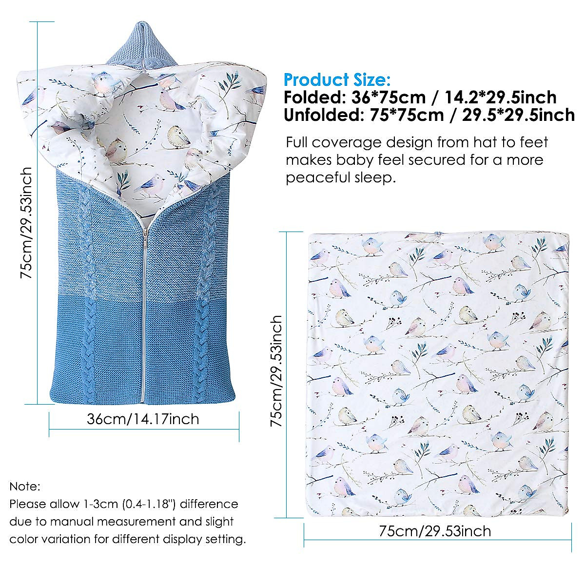 Petyoung Newborn Baby Swaddle Blanket, Multifunction Stroller Wrap Sleeping Mat Thick Warm Sleeping Bag for Baby Boys Girls 0-12 Months