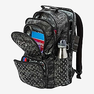 Nfinity Classic Backpack Girls Glitter Bookbag | Perfect Bag for Travel, School, Gym, Cheer Practices | 15” Laptop Compartment | Grey Camo with White Logo and Studs