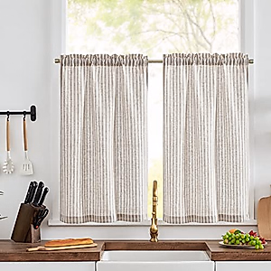 COLLACT Kitchen Curtains Linen Curtains 24 Inch Length Sets Pinstripe Pattern Grey Tiers for Kitchen Bathroom Farmhouse Country Rustic Rod Pocket Ticking Striped Curtains 2 Panels Gray on Beige