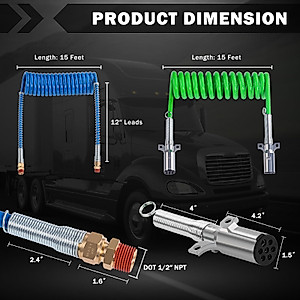 CheeMuii 15Ft Coiled Air Brake Hoses & ABS Electrical Power Wire Assembly Kit 3 in 1 Semi Truck Air Lines Kit Coiled 7 Way Trailer Cord and Air Brake Hoses for Semi Trucks Trailers Tractors