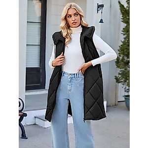 MEROKEETY Womens Hooded Long Padded Vest Coats Quilted Sleeveless Warm Outerwear with Pockets, Black, XL