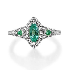 Gin & Grace 14K White Gold Natural Zambian Emerald Ring with Natural Diamonds for women | Ethically, authentically & organically sourced Marquise, Square-Cut Emerald hand-crafted jewelry for her.
