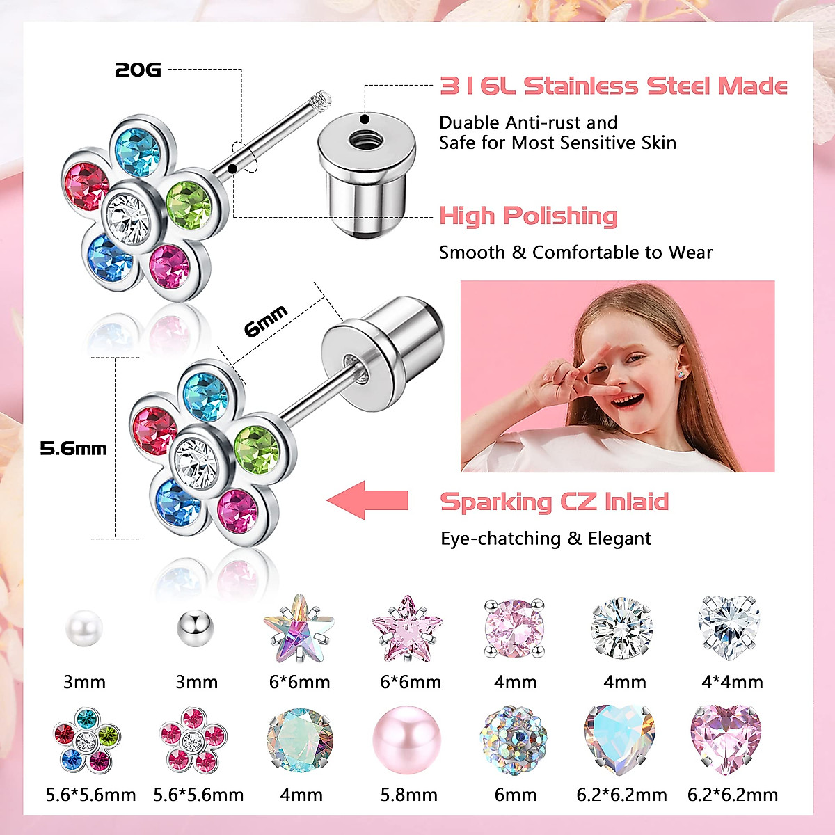 YADOCA 14 Pairs Hypoallergenic Screw Back Earrings for Girls Women Surgical Steel Tiny CZ Pearl Ball Heart Flower Screwback Earrings Studs Set Multicolored Pink
