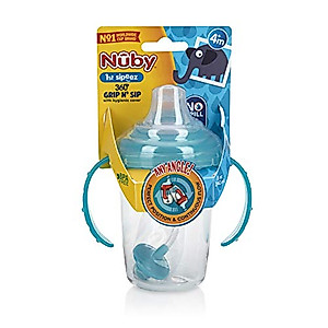 Nuby No Spill 360 Weighted Straw Grip N' Sip Tritan Cup with Hygienic Cover, 8 Oz, Trainer Cup, Teal