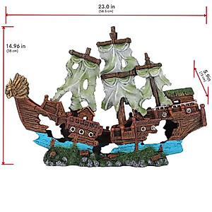 UNEAK - Large Shipwreck Aquarium Decorations Ornament w/ Sail (2 Pieces) 20 Gallons high and Larger Fish Tank, Sunken Ship Decoration Ornaments, Pirate Boat, Resin, Freshwater Saltwater Decor