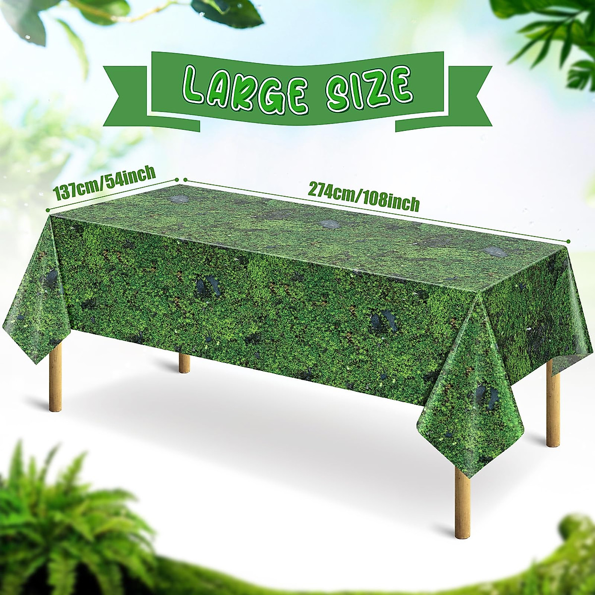 YIDAKO 3Pcs Green Moss Plastic Tablecloths Green Grass Green Leaf Table Cloth Disposable Rectangle Table Cover for Picnic Nature Forest Jungle Theme Party Decorations, 54 X 108inch