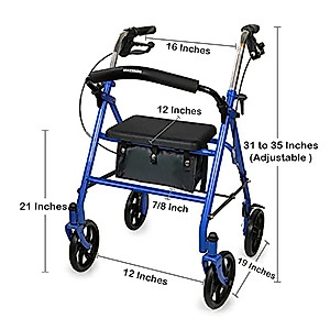 McKesson Rollator Walker with Seat and Wheels, Steel, 300 lbs Weight Capacity, Blue, 1 Count