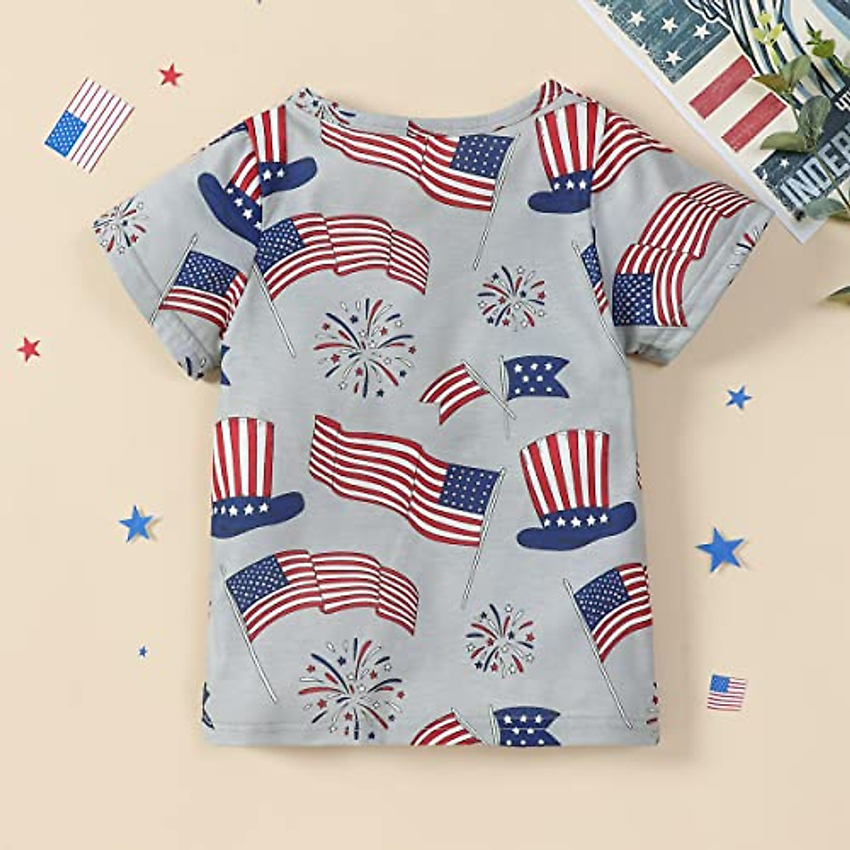 Baby Boys American Flag T-Shirt 4th of July Clothing Toddler Kids Patriotic Shirt Short Sleeve USA Flag Stripe Star Tee Tops Gray