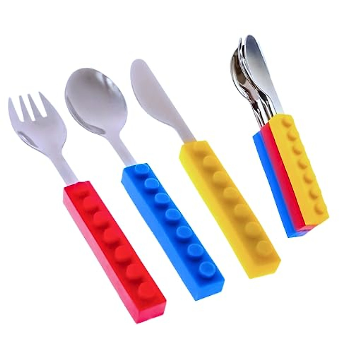 Rucher Interlocking Brick Utensils for Children. 3-Piece Fun Interlocking Block Set of Spoon Fork and Knife. Stainless Steel Toy Silverware Set for Home, Lunch Box, Travel or Birthday.
