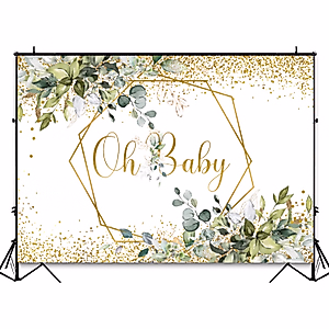 InMemory Greenery Oh Baby Baby Shower Backdrop Glitter Gold Eucalyptus Neutral Baby Shower Photography Background Green Leaves Boy Girl Newborn Oh Baby Gender Party Decoration Photo Booth Banner 5x3ft