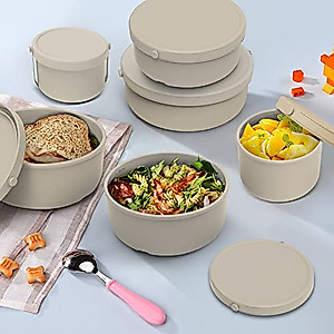 KVK Silicone Food Storage Bowl Large Lunch Container with Leakproof Strap(16.9oz, 25.4oz, 42.3oz) - Reusable for Bento Box, Food Leftover Storage, Meal Prep with Lid - Oven Freezer Safe - Light Grey