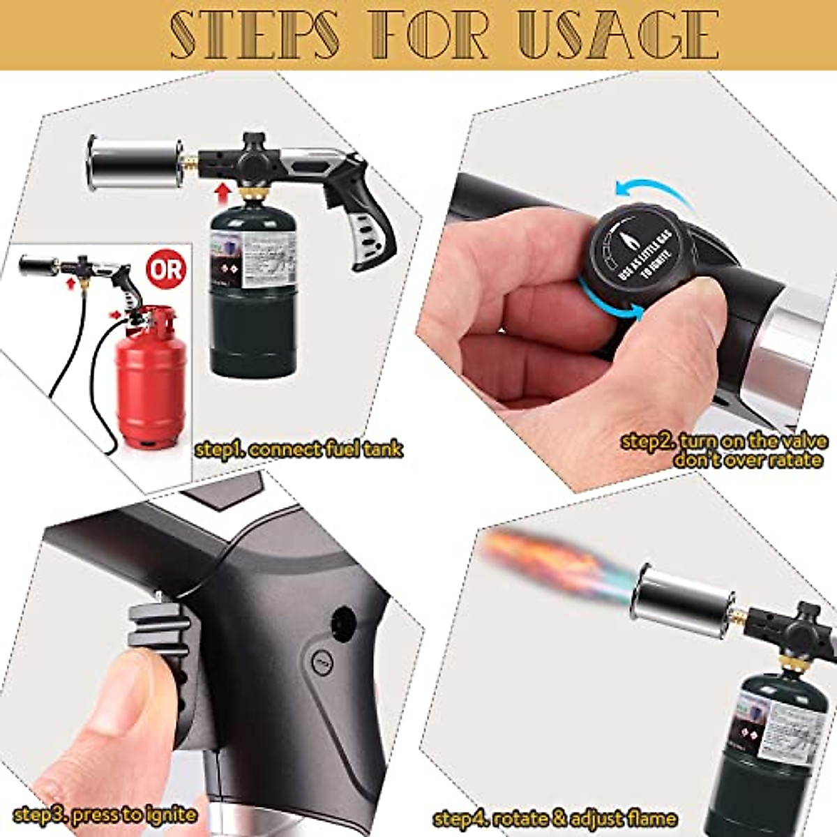 Propane Torch Head for Propane Tank, Powerful Blow torch Adjustable Flame Cooking torch, Kitchen Torch and Food Torch with Safety Lock for BBQ Searing Steak and Sous Vide - Fuel Not Included