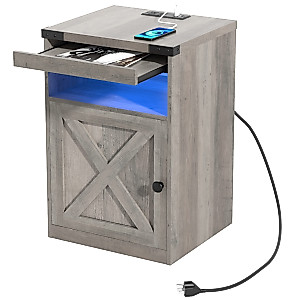 HOSEOKA LED Nightstand with Charging Station, Bedside Tables with Cabinet & Pull Out Tray Farmhouse Side Table LED Light Night Stand Storage End Table with USB Ports and Outlets for Bedroom