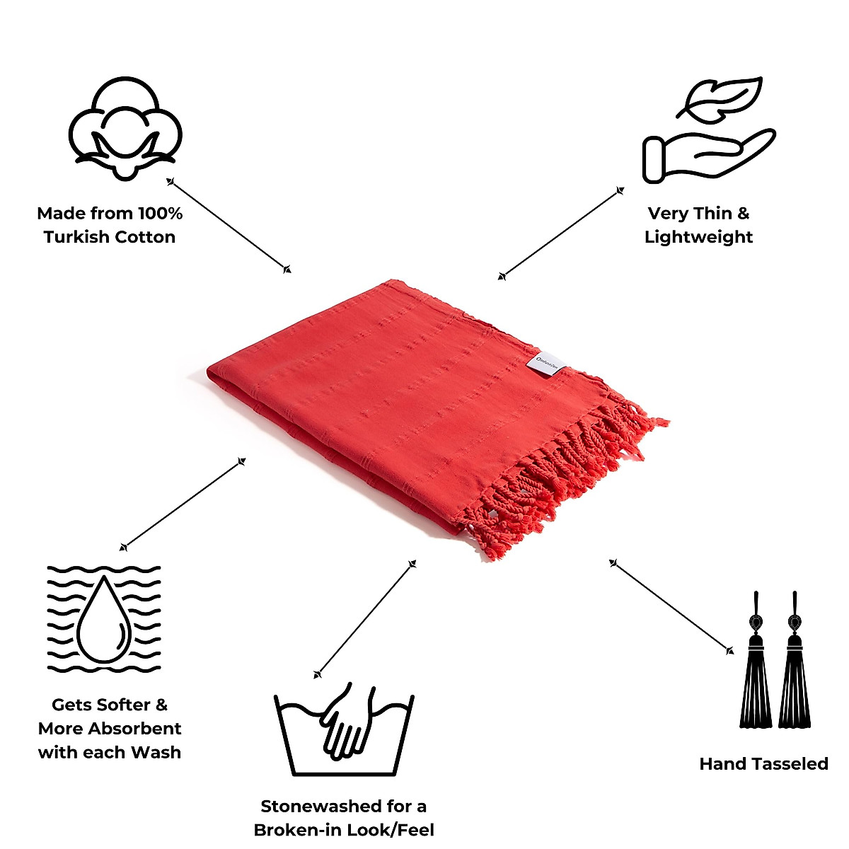 InfuseZen Stonewashed Turkish Bath & Beach Towel –100% Organic Turkish Cotton - Soft, Lightweight, Absorbent - Quick Dry, Sand Free - Swim, Pool, Shower, Travel - Peshtemal, Hammam Spa Towel - Coral