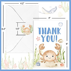 Whaline 30 Pack Under the Sea Thank You Cards with Envelopes Stickers Watercolor Ocean Animal Baby Shower Thank You Cards for Greeting Birthday 4 x 6 Inch