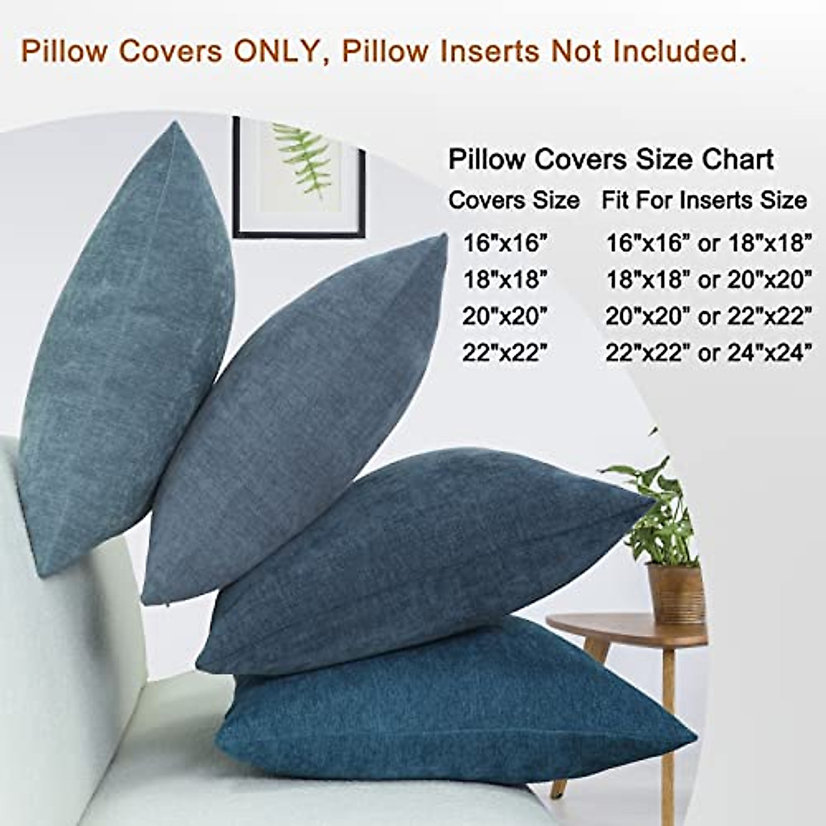 JIANTKJ Decorative Throw Pillow Covers 18x18, Set of 4 Soft Chenille Throw Pillowcases Square Pillow Covers Home Decor for Couch Sofa Bed Living Room, Pillow Inserts Not Included(Blue)