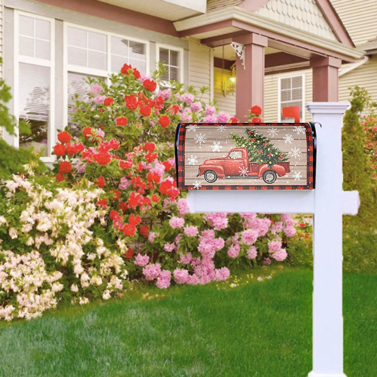 Christmas Mailbox Covers Magnetic Standard Size 18x21 Winter Green Xmas Car Truck Tree Snowflakes Red Plaid Print Decorative Mailbox Wrap Cover Holiday Decorations Outdoor Home Patio Garden Decor