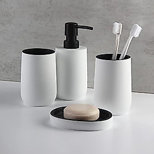 3&7 BRICK Black and White Bathroom Accessories Set,4 Pieces,Toothbrush Holder,Lotion Soap Dispenser,Tumbler,Soap Dish, Resin Countertop Complete Decor and Gift Set