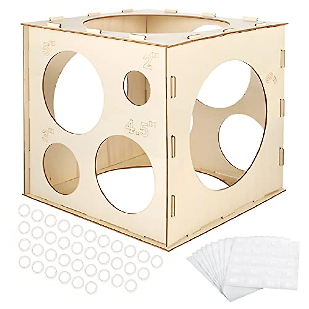 Auihiay 12 Holes Wood Balloon Sizer Cube Box with 200 PCS Balloon Glue Points, Collapsible Balloon Size Measuring Tool for Balloon Garland Balloon Columns Balloon Arches Decorations (2-10 INCH)