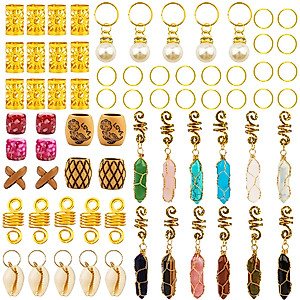 Messen 69 PCS Dreadlocks Jewelry Handemade Crystal Wire Wrapped Braids Hair Accessories Imitation Wood Beads Aluminum Hair Cuffs Coils Hair Rings Pearl Pendants for Hair Decoration (Gold)