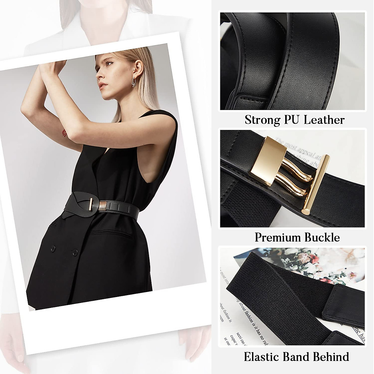 FIORETTO Dress Belts for Women, Wide Black Elastic Belt, Fashion Cinch Belt, Leather Ladies Waist Belts