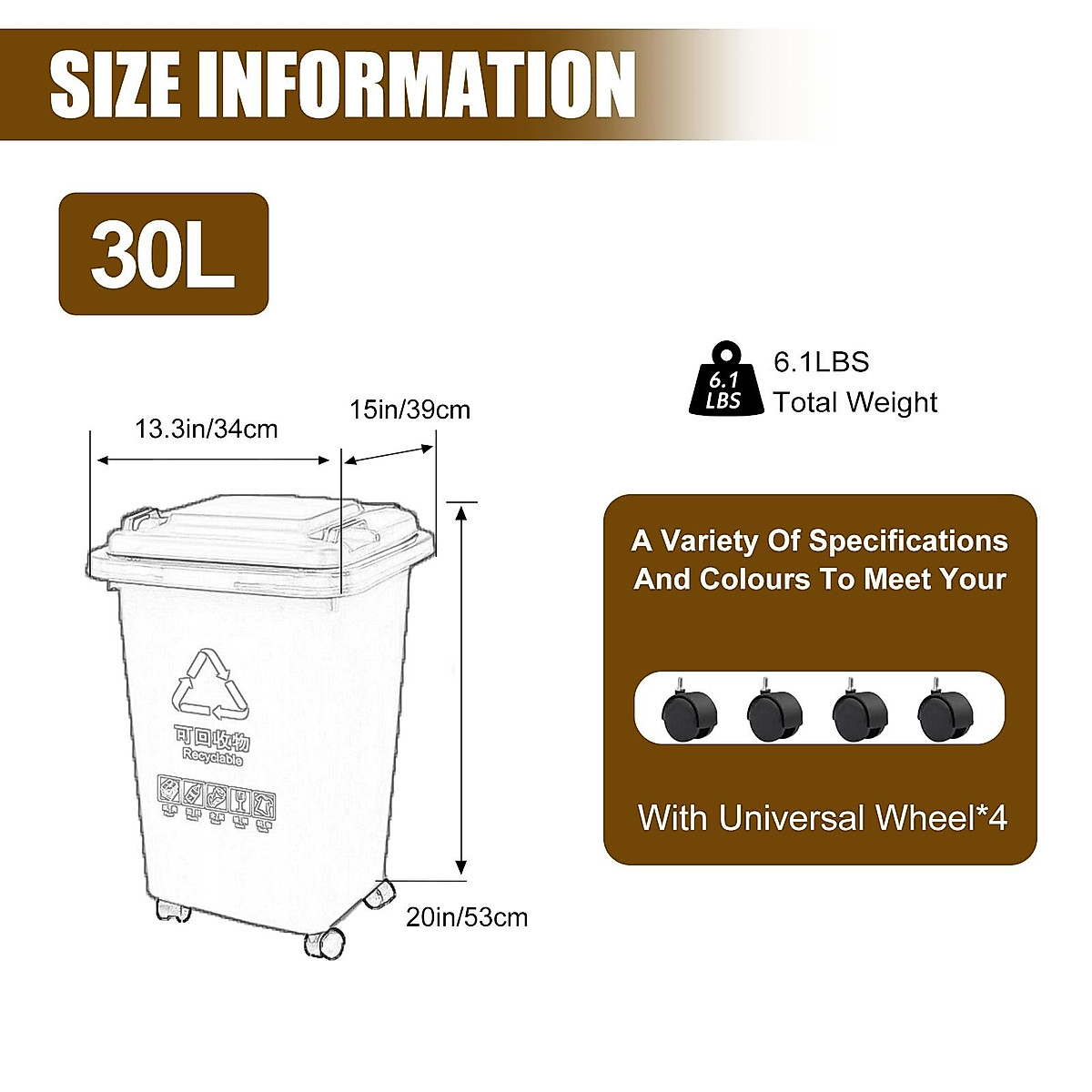 30L/50L/80L/100L/120L/240L Outdoor Garbage Cans With Lids And Wheels, 32 GAL Heavy-Duty Wheeled Trash Can With Lid, For Restaurants/Hospitals/Offices/Back Of House/Warehouses/Home(Red,30L)