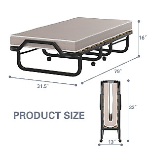 GORELAX Foldable Single Bed, Cot Size Portable Bed with 4” Memory Foam Mattress & Wheels, Rollaway Guest Bed w/Steel Frame & Wooden Slats, Made in Italy, Sleeping Folding Cot Bed for Adults