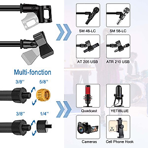 Microphone Stand Foldable Tripod Boom Arm Floor Mic Stand with Carrying Bag and 2 Screws Adapters 2 Mic Clips 2 Foam Covers for Singing Karaoke Stage