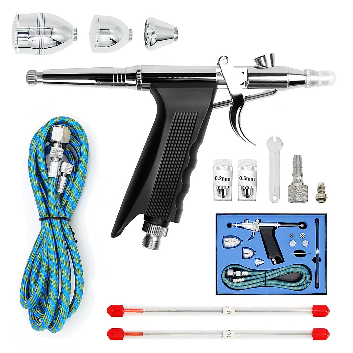 Airbrush kit, Airbrush Gun, Dual-Action Air Brush Set, Trigger Air Brush Spray Gun with 0.3, 0.2, 0.5mm Needles, 3 Sets Nozzles, Air Cap, Paint Cup, Air Hose, for Painting Nails Cake Tattoo Makeup