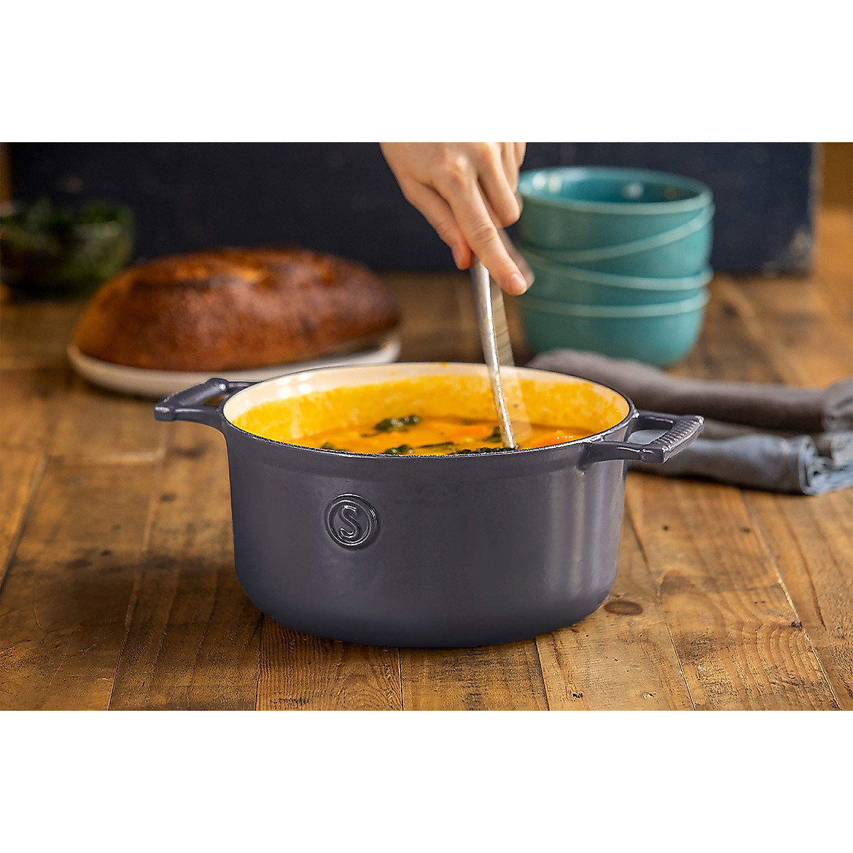 SAVEUR SELECTS Enameled Cast Iron Casserole, 5-Quart Dutch Oven with Double-walled Stainless Steel Lid, Rabbit Grey, Voyage Series