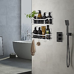 Sooreally Adhesive Shower Caddy Shelf Organizer, 2 Pack Bathroom Storage Rack with 8 Hooks and 3 Suction Stickers for Inside Shower, SUS304 Rustproof, No Drilling Wall Mounted (Polished Silver)