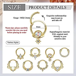 SAILIMUE 8Pcs 16G Septum Rings Daith Earrings Septum Piercing Jewelry 316L Stainless Steel CZ Opal Dangle Hinged Segment Septum Clicker Nose Rings Hoop Piercing Jewelry Gold 8MM