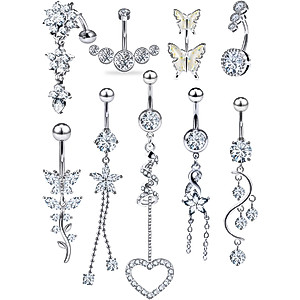 Ocptiy 14G Belly Button Ring for Womne Surgical Stainless Steel Curved Silver Dangle Butterfly Hypoallergenic Dangle Cute Navel Belly Rings Barbell Bar Hoop Body Piercing Jewelry for Women 10mm