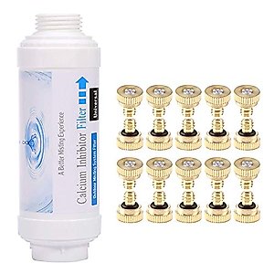 CozyCabin Mist Calcium Inhibitor Filter Bunle with 20 PCS Low Pressure Brass Outdoor Misting Nozzles 0.016" Orifice Thread Misting Water Mister Nozzle, for Garden Patio Mister