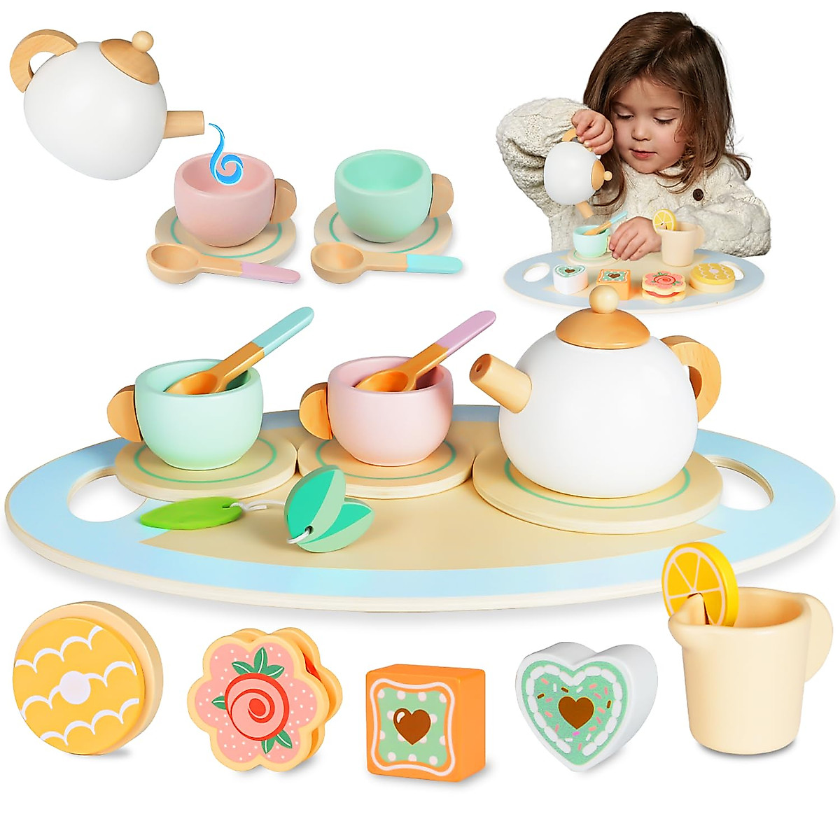 VewePata 17Pcs Wooden Tea Set for Little Girls, Toddler Tea Set Play Kitchen Accessories Play Food Playset for Kids Tea Party, Wooden Toys for 2 3 4 5 6 7 8 Year Old Girls Birthday Gifts