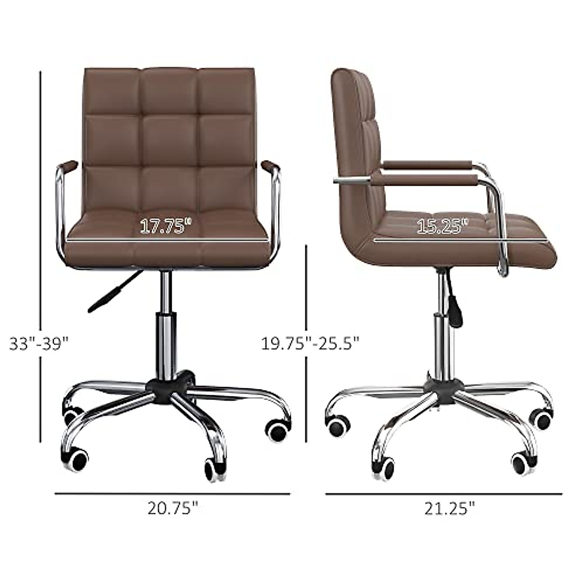 HOMCOM Home Office Chair, Modern Computer Desk Chair, Task Chair with Upholstered PU Leather, Adjustable Height, Swivel Wheels, Brown