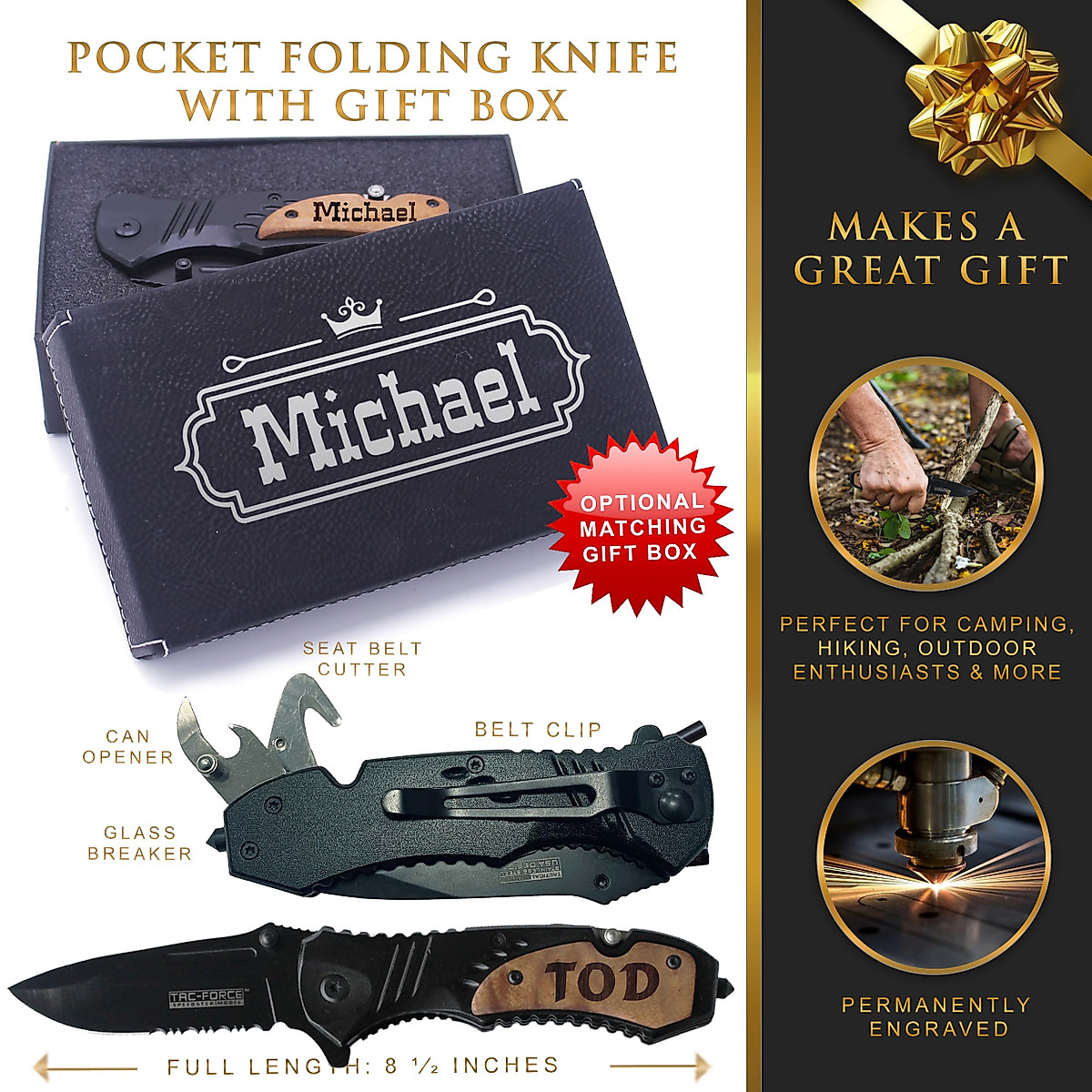 My Personal Memories Engraved Personalized Wood Handle Rescue Pocket Knife - Father's Day Groomsmen Gifts - All Black Knife