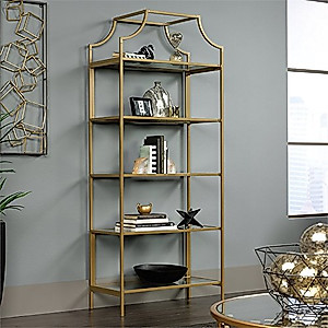 Pemberly Row Modern 5 Shelf Metal Bookcase in Satin Gold Finish